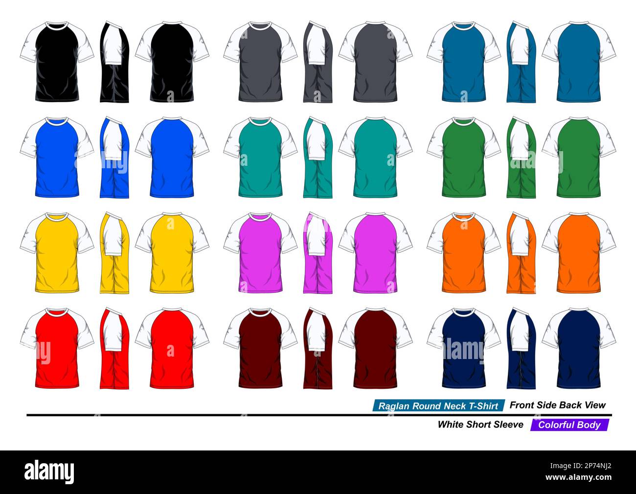 Raglan round neck t-shirt template, front side and back view, white ...