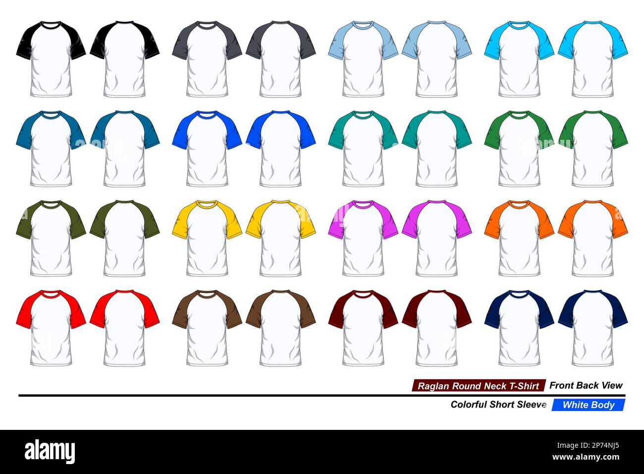 Raglan round neck t-shirt template, front and back view, colorful short ...