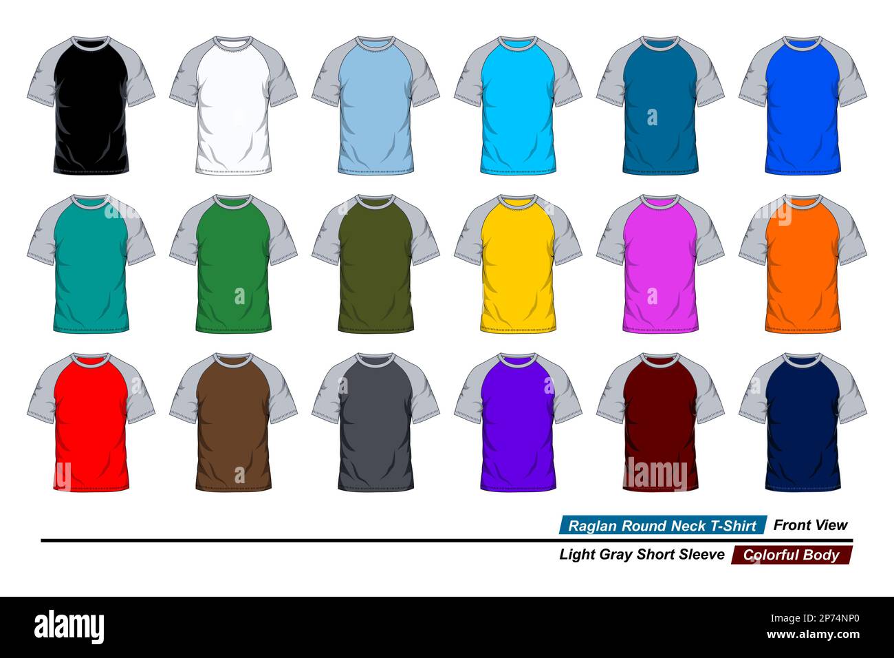 Raglan round neck t-shirt template, front view, light gray short sleeve ...