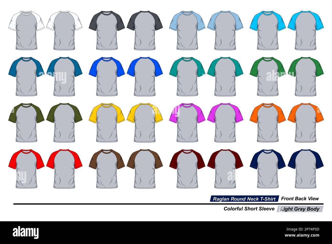 Raglan round neck t-shirt template, front and back view, colorful short ...