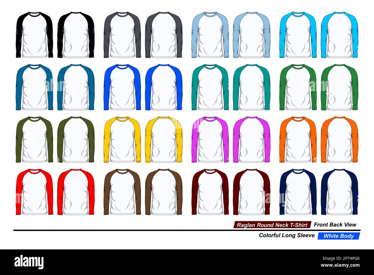 Raglan round neck t-shirt, front and back view, colorful long sleeve ...