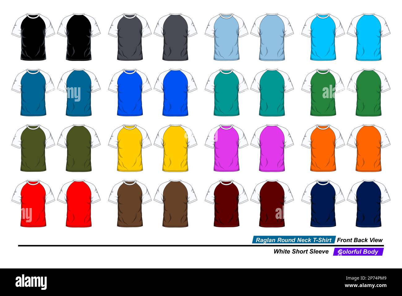 Raglan Round Neck T Shirt Template Front And Back View Colorful Short