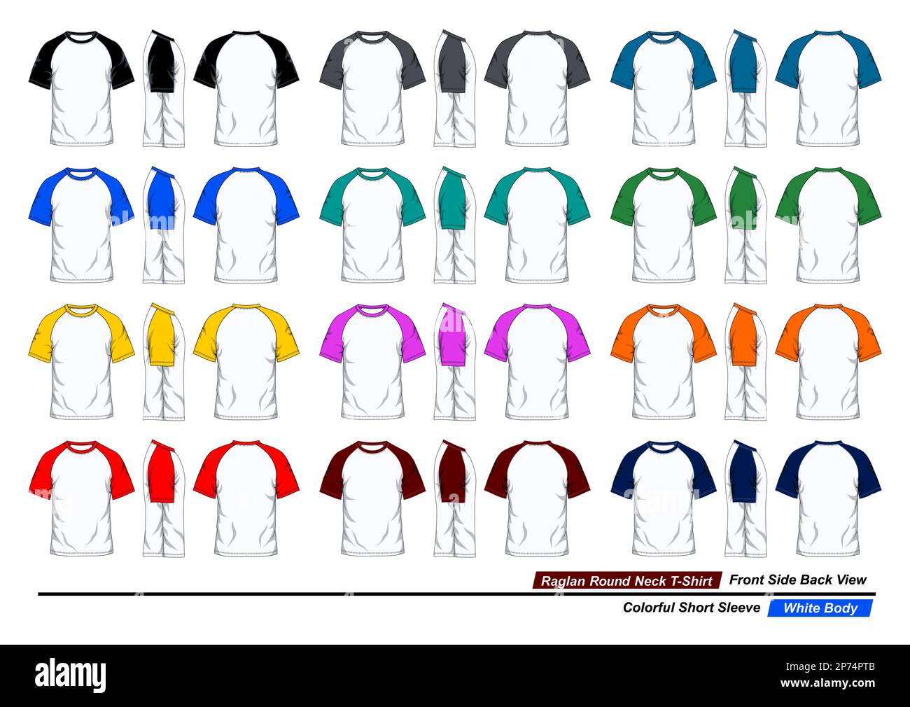 Raglan round neck t-shirt template, front side and back view, colorful ...