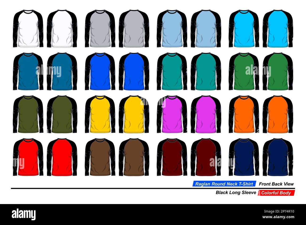 Raglan round neck t-shirt, front and back view, black long sleeve ...