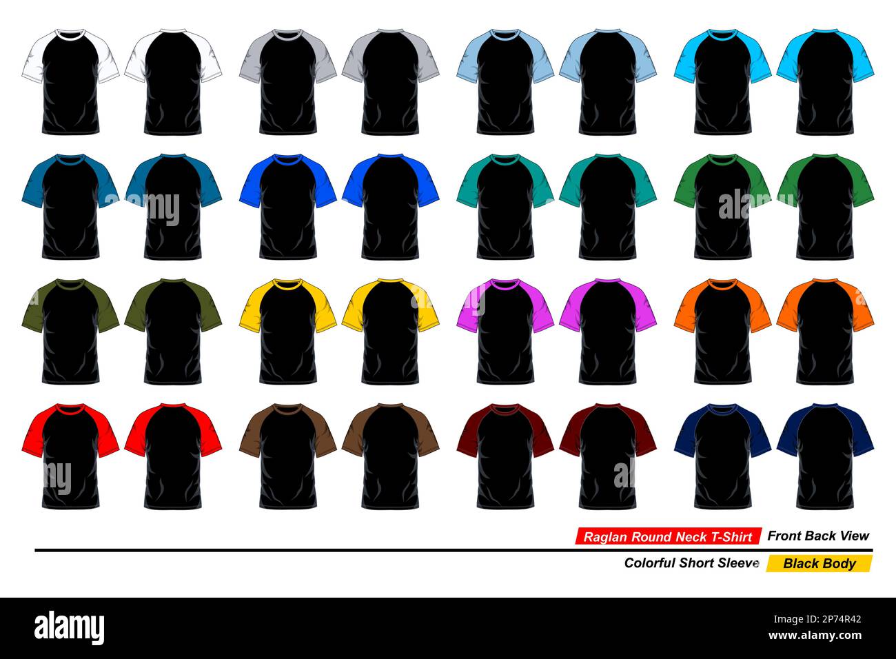 Raglan round neck t-shirt template, front and back view, colorful short ...