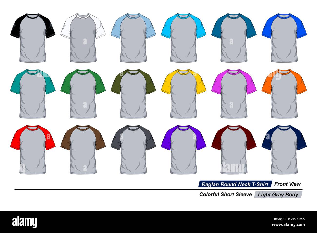 Raglan round neck t-shirt template, front view, colorful short sleeve ...