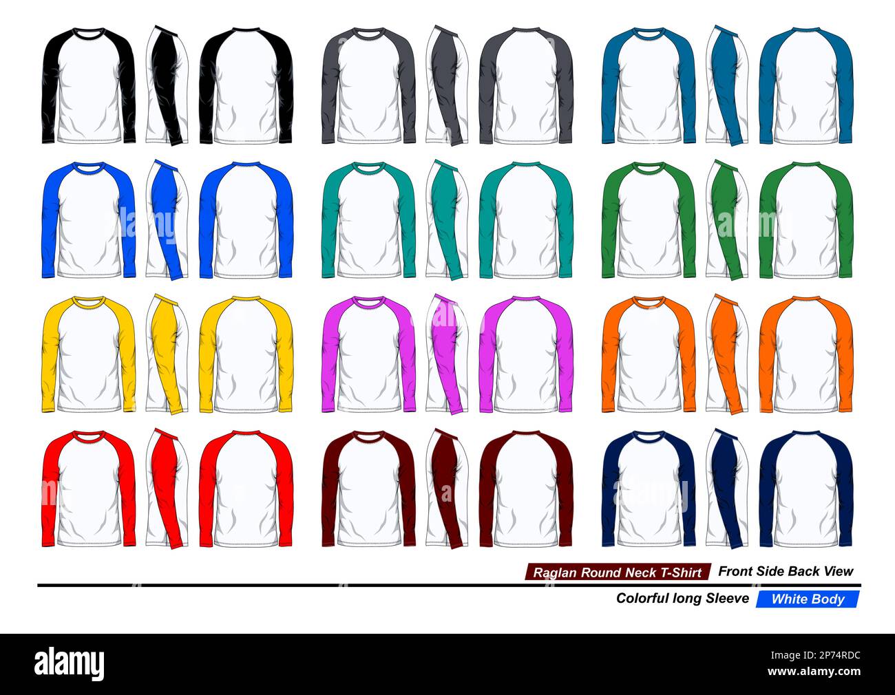 Raglan round neck t-shirt, front side and back view, colorful long ...