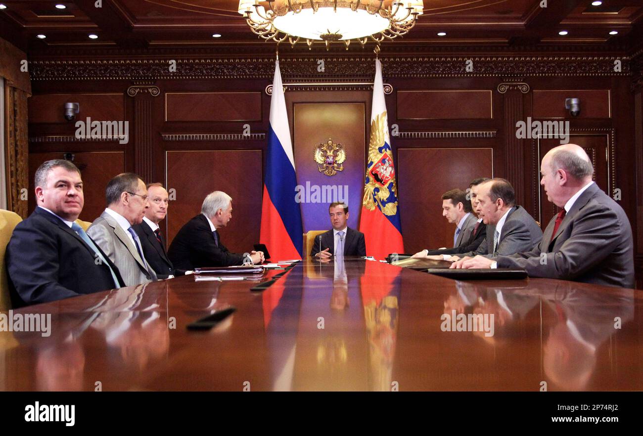 Russian President Dmitry Medvedev, center, chairs a Security Council ...