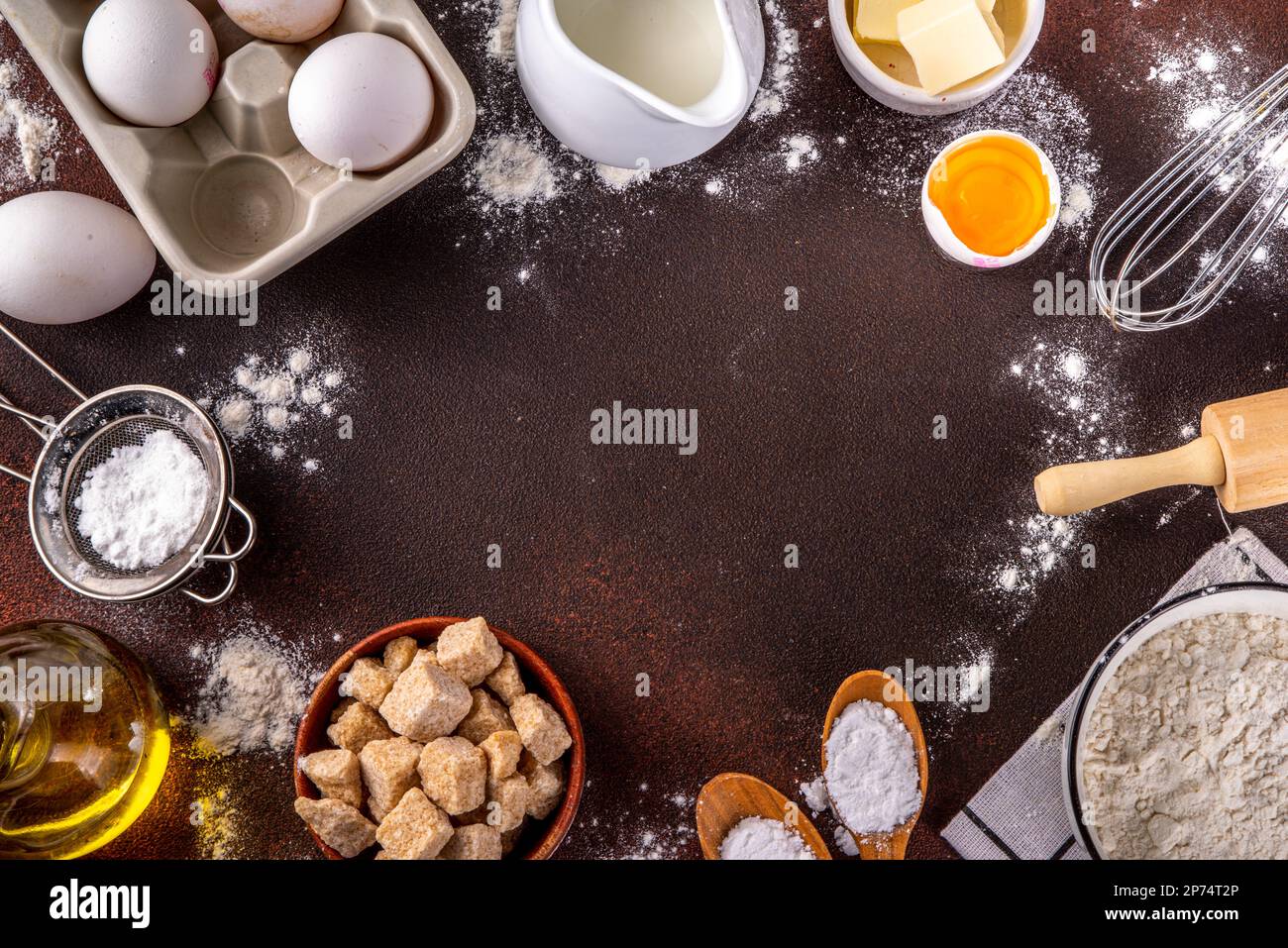 Baking ingredients background. Cooking ingredients (flour, eggs, milk ...