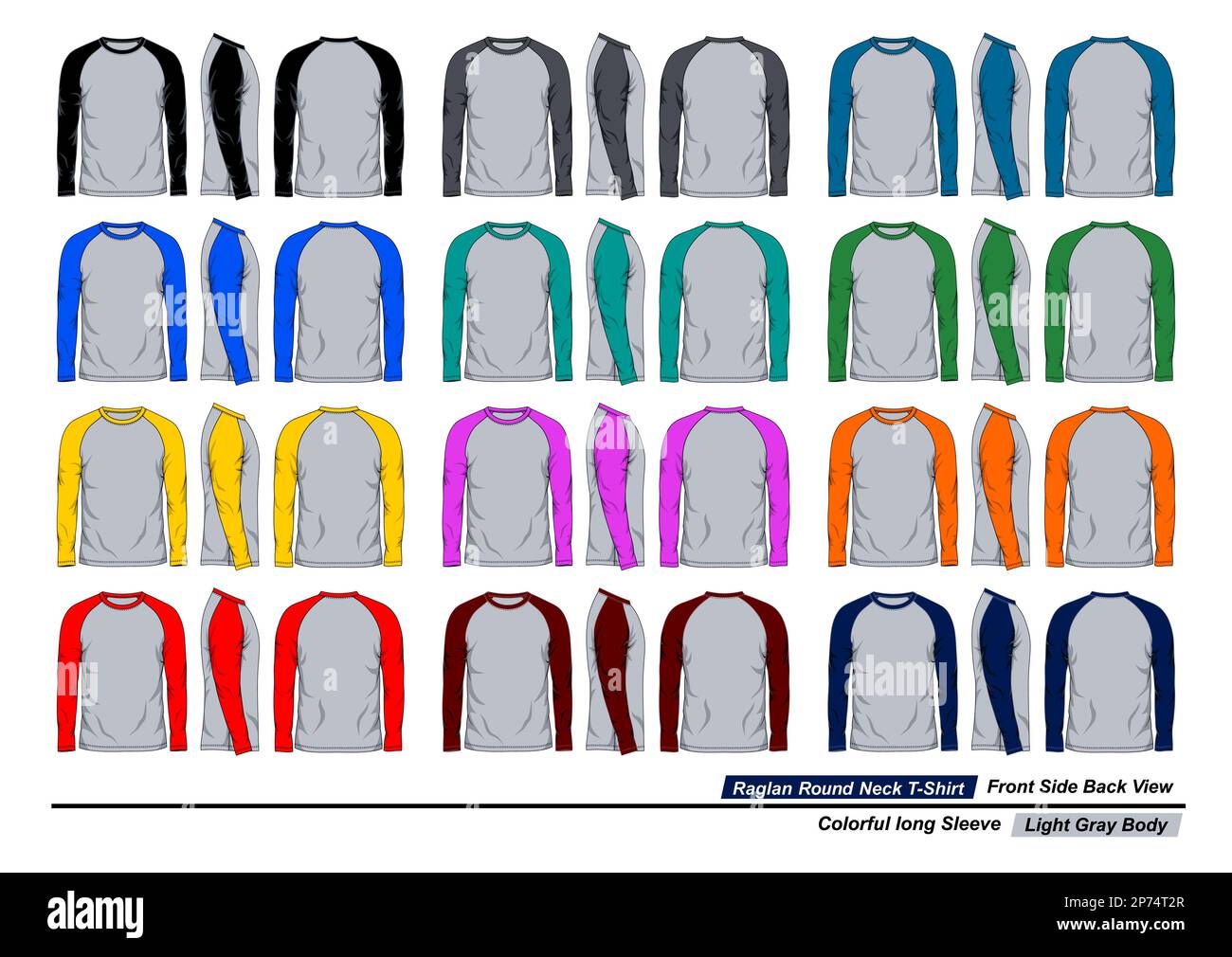 Raglan round neck t-shirt, front side and back view, colorful long ...