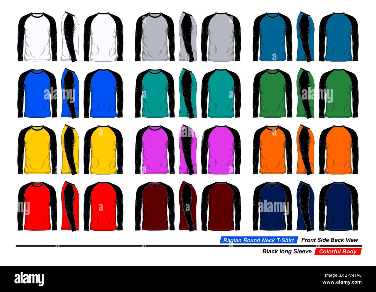 Raglan round neck t-shirt, front side and back view, black long sleeve ...