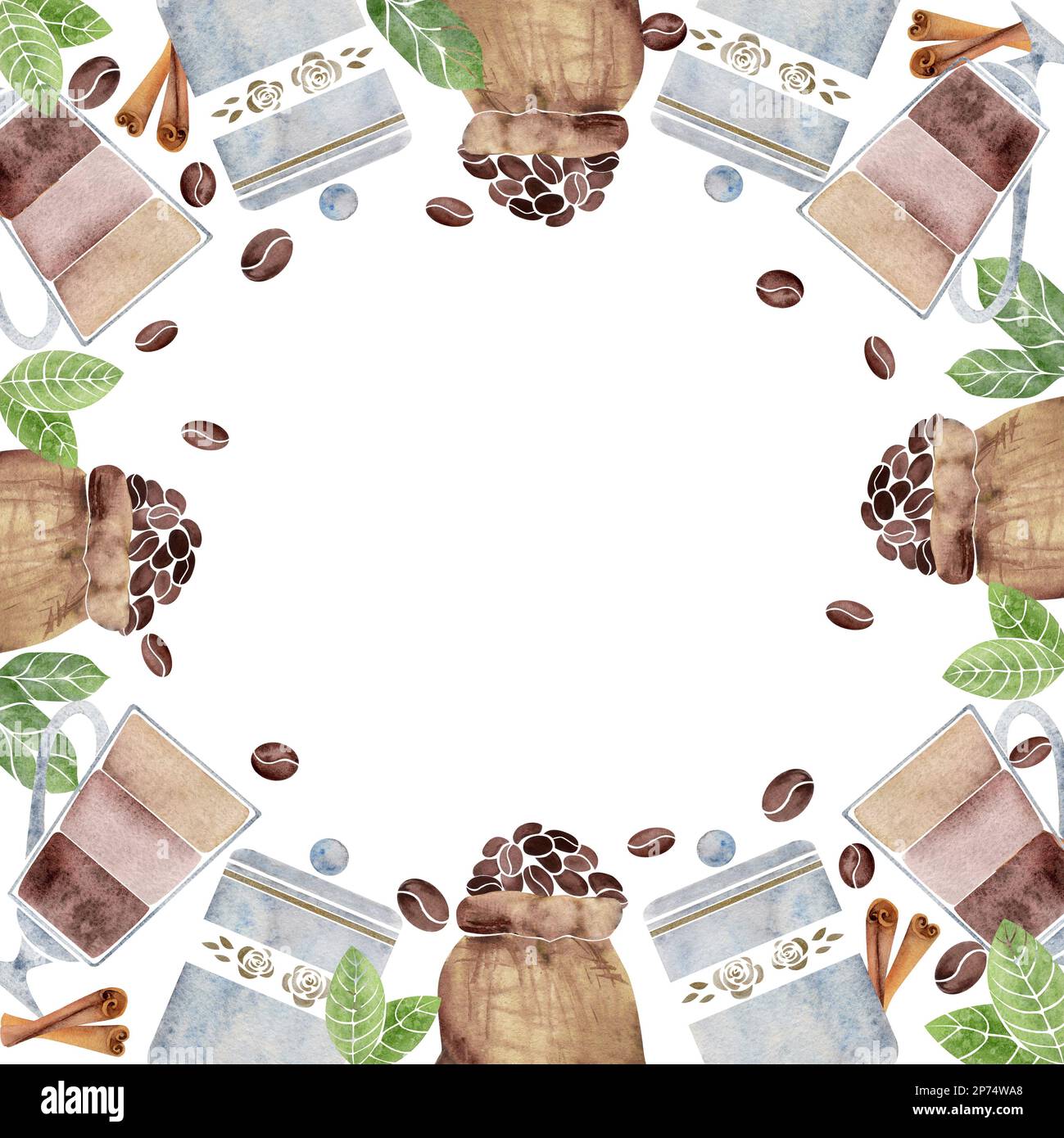 Watercolor hand drawn circle frame wreath with coffee bags, leaves ...