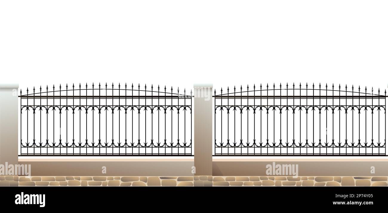Wrought iron fence with plastered brick pillars and stone foundation ...