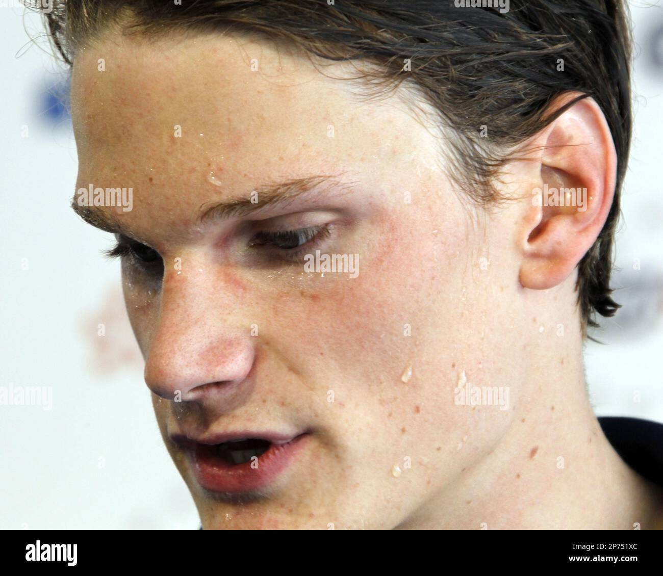 Yannick Agnel, of France, gets interviewed after winning the mens 400 ...