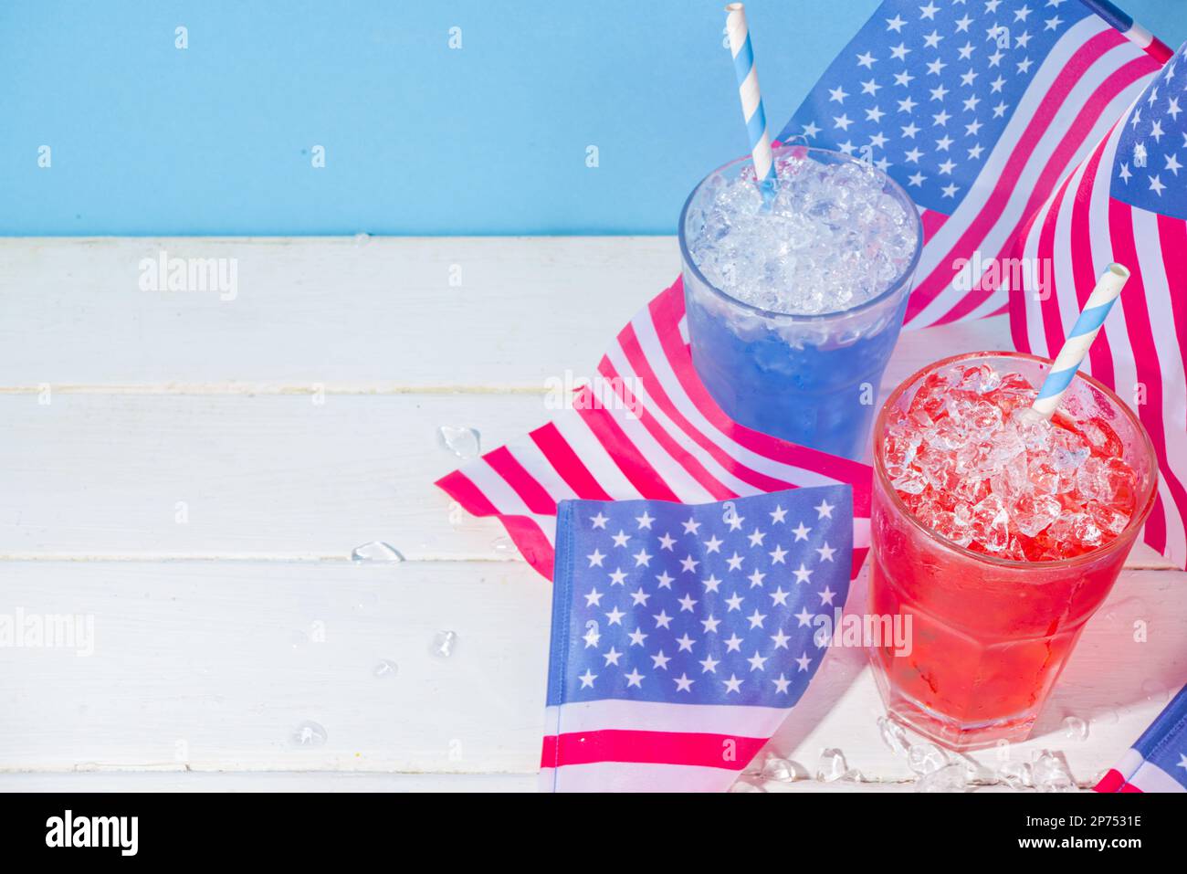 Drinks for American Independence Day celebration. USA flag coloured red ...