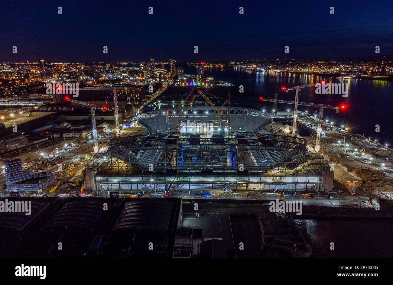 An aerial view of construction work at the site of Everton football ...
