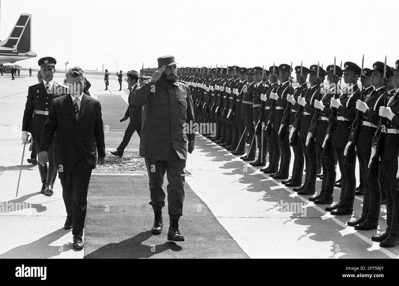 Accompanied by Romanian President Nicolae Ceausescu, Cuban leader Fidel ...