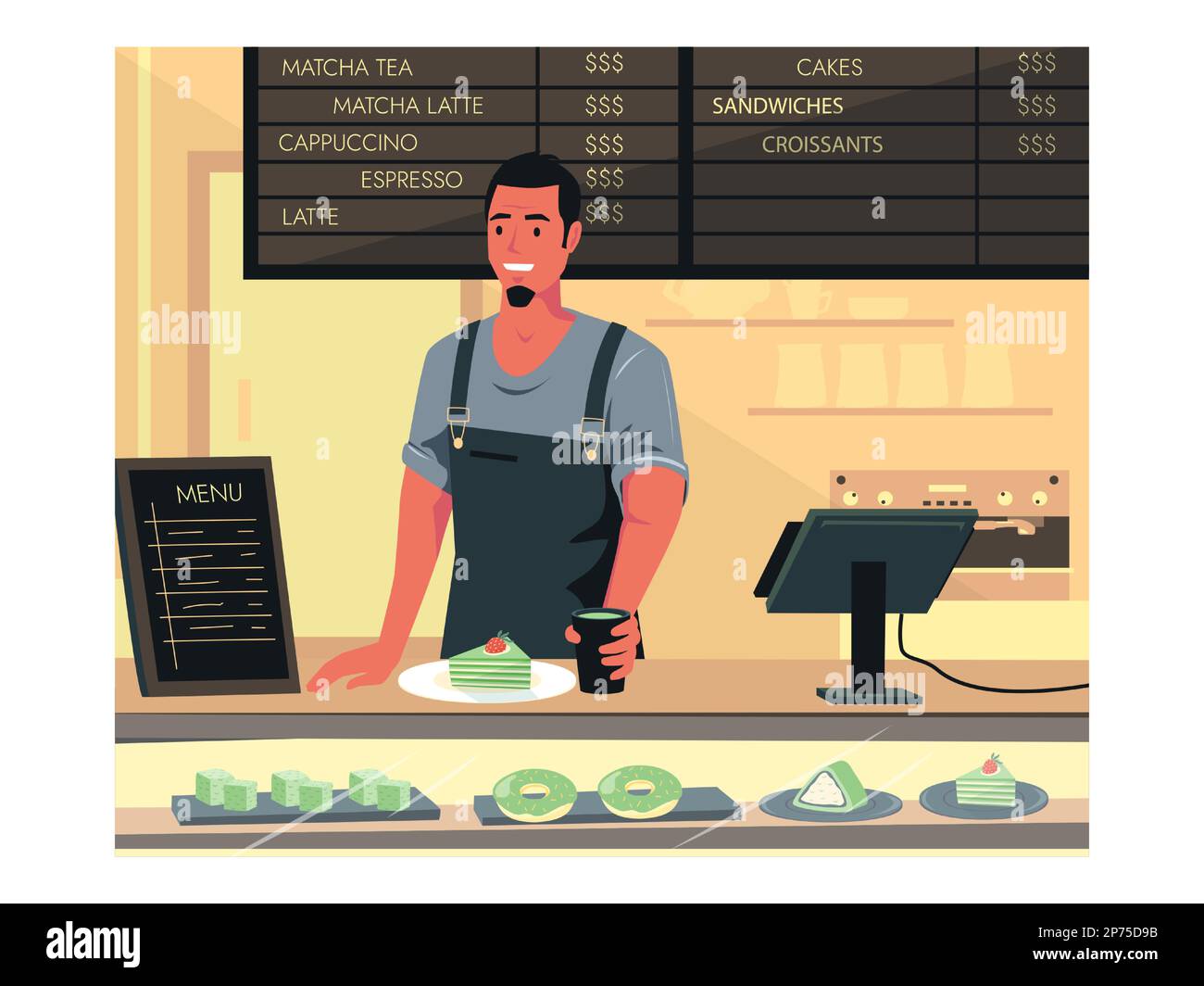 Matcha menu. Coffeeshop with green leaves tea products and barista ...