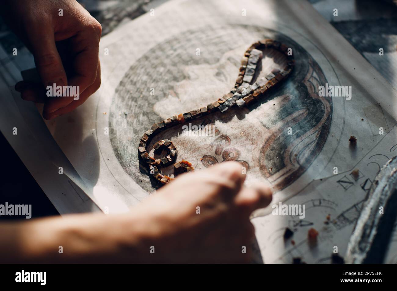 Materials sketch and tools for making colored smalt glass mosaics ...