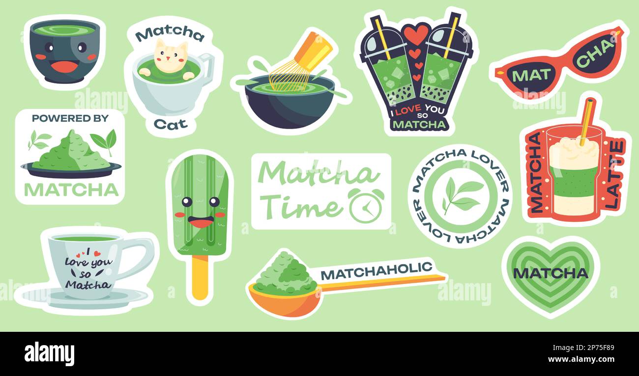 Cartoon kawaii matcha. Funny doodle green tea characters, cute stickers ...
