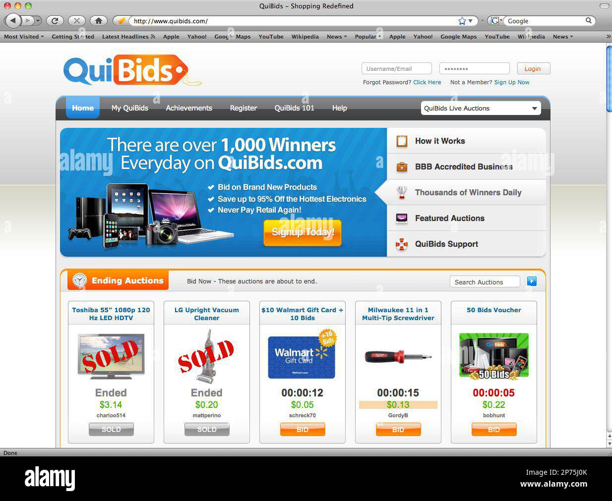This screen shot shows the QuiBids.com website, an online penny auction ...
