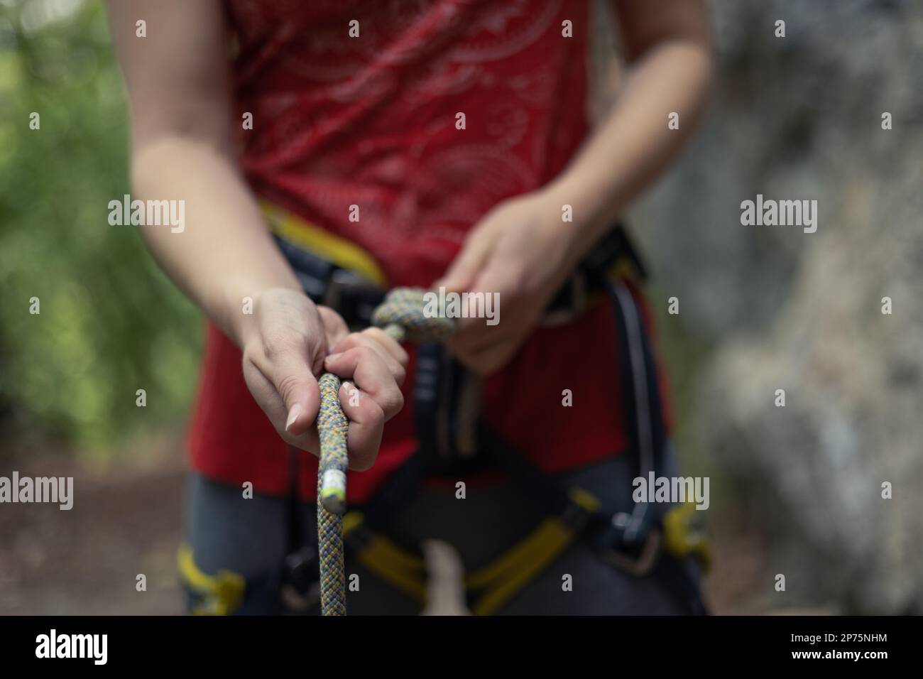 Unrecognizable female climber tying the knot Stock Photo - Alamy