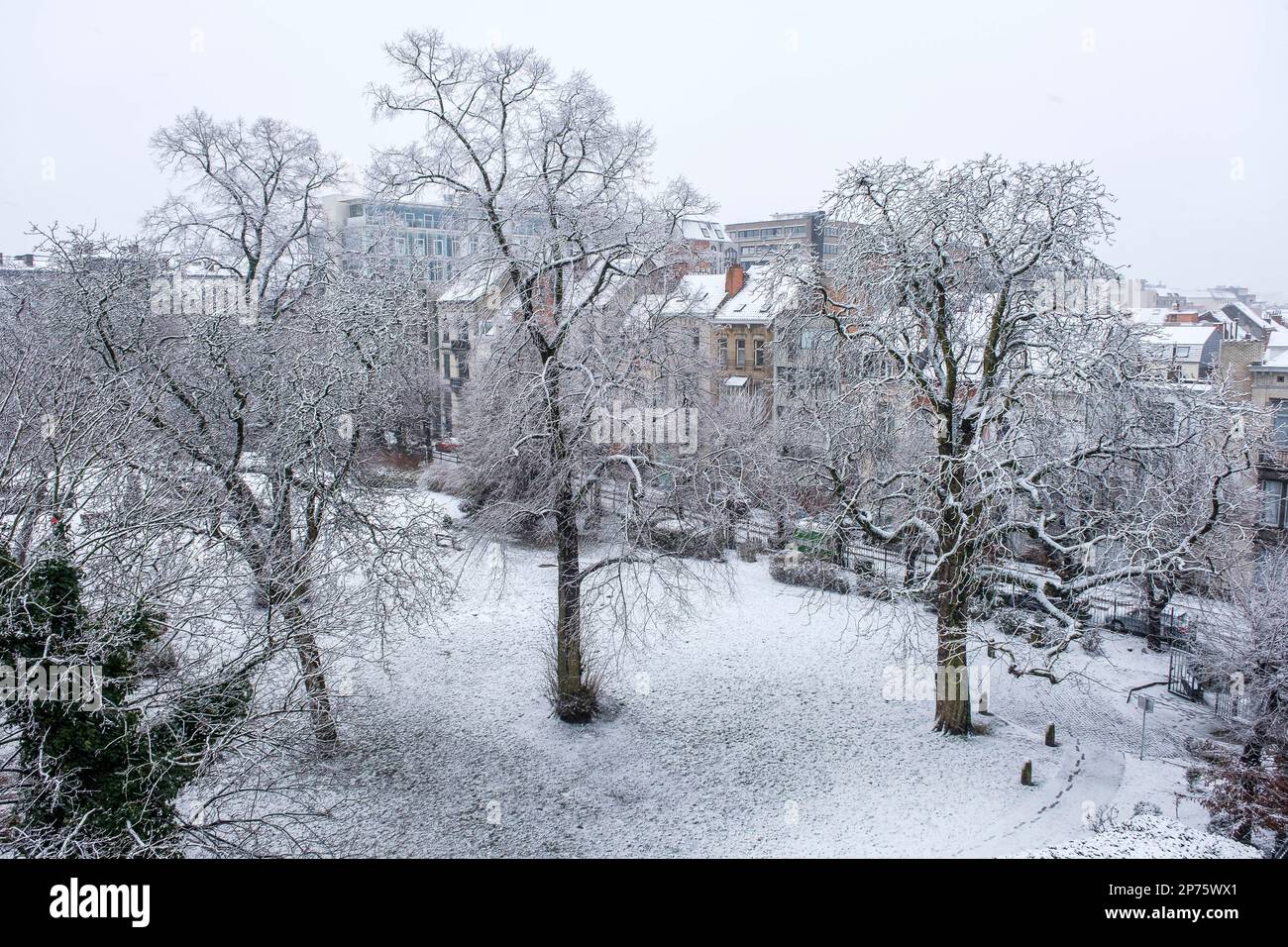 Thin layer of snow on the roofs, the streets and the squares of ...