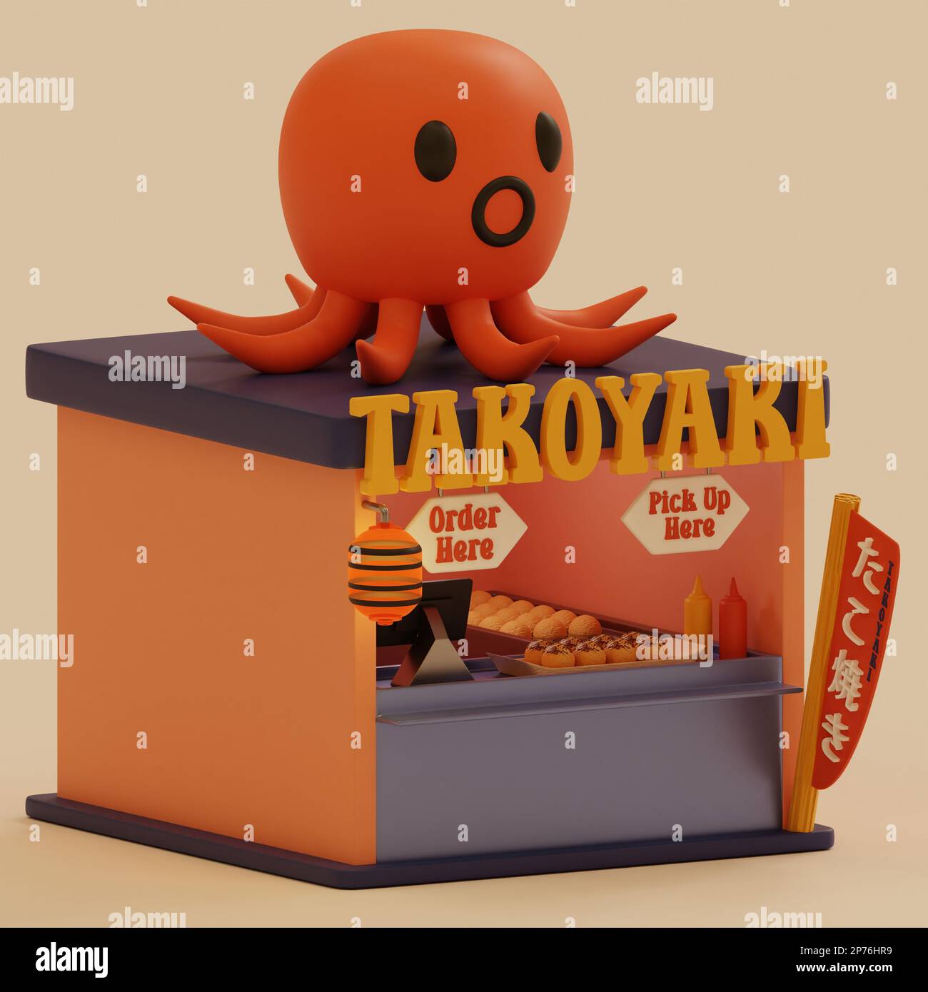 A 3D render of a cute toy Takoyaki fast food kiosk stand with an ...
