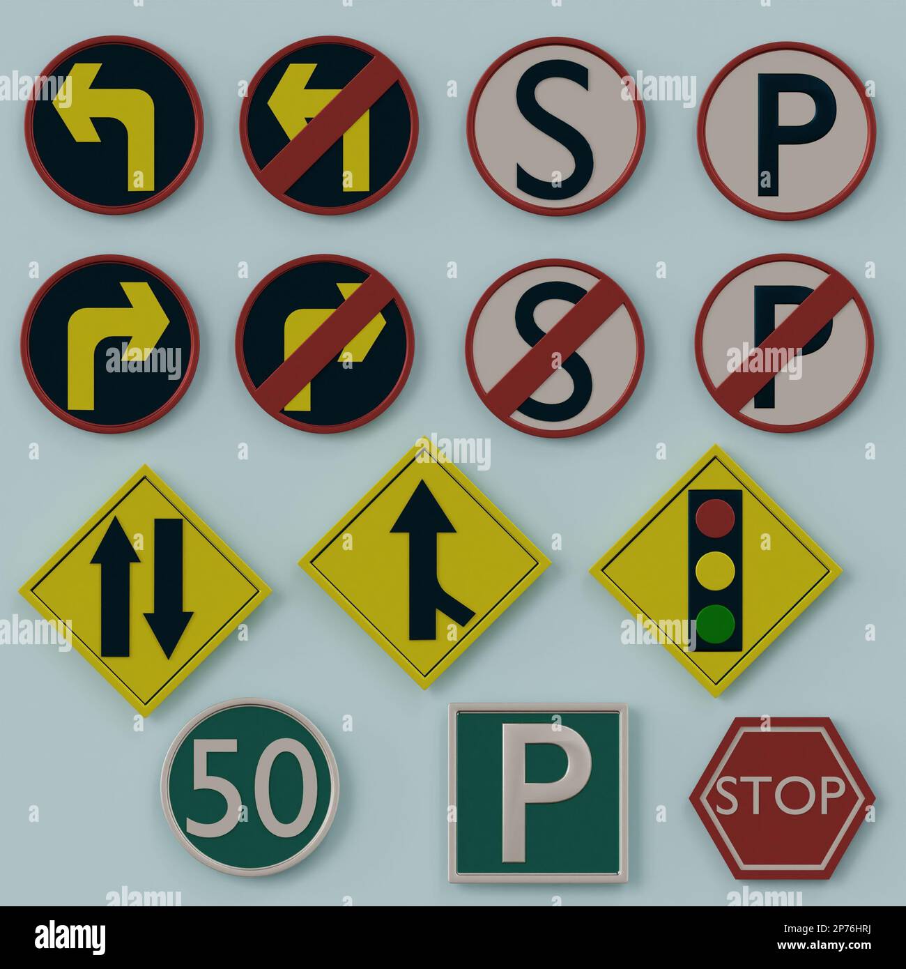 A digital render of a set of various road safety signs Stock Photo - Alamy