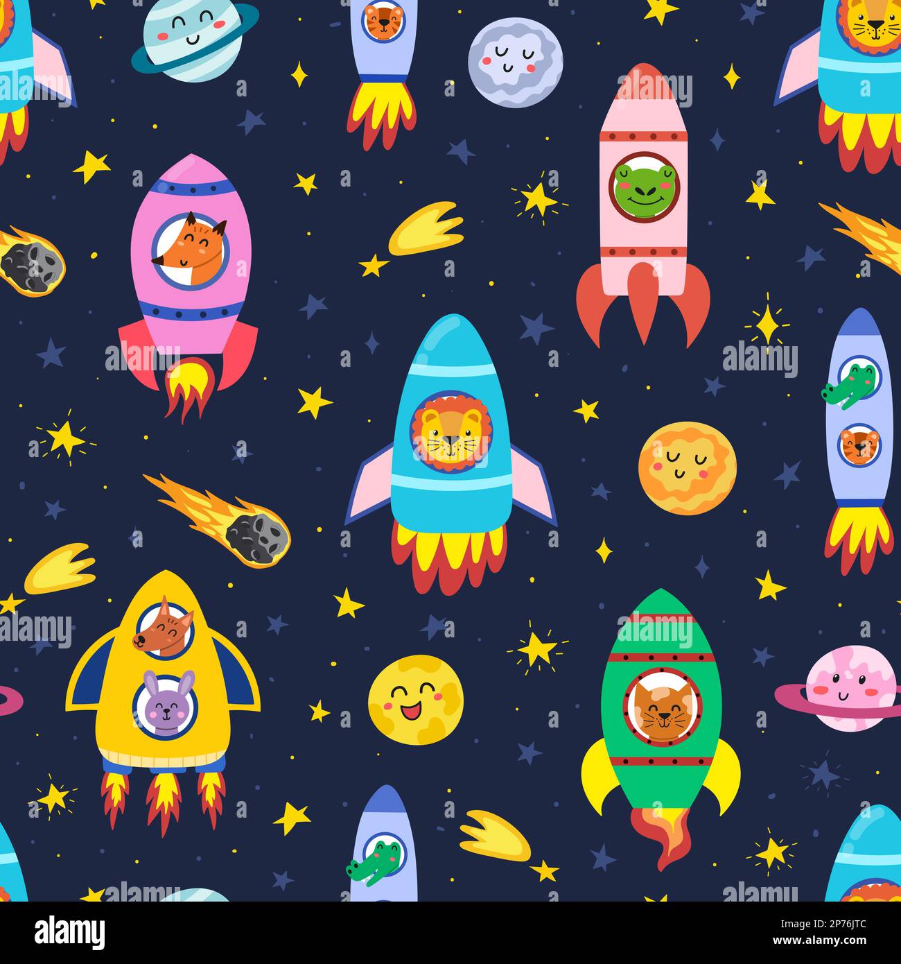 Cute animals flying in rockets seamless pattern. Background for kids ...