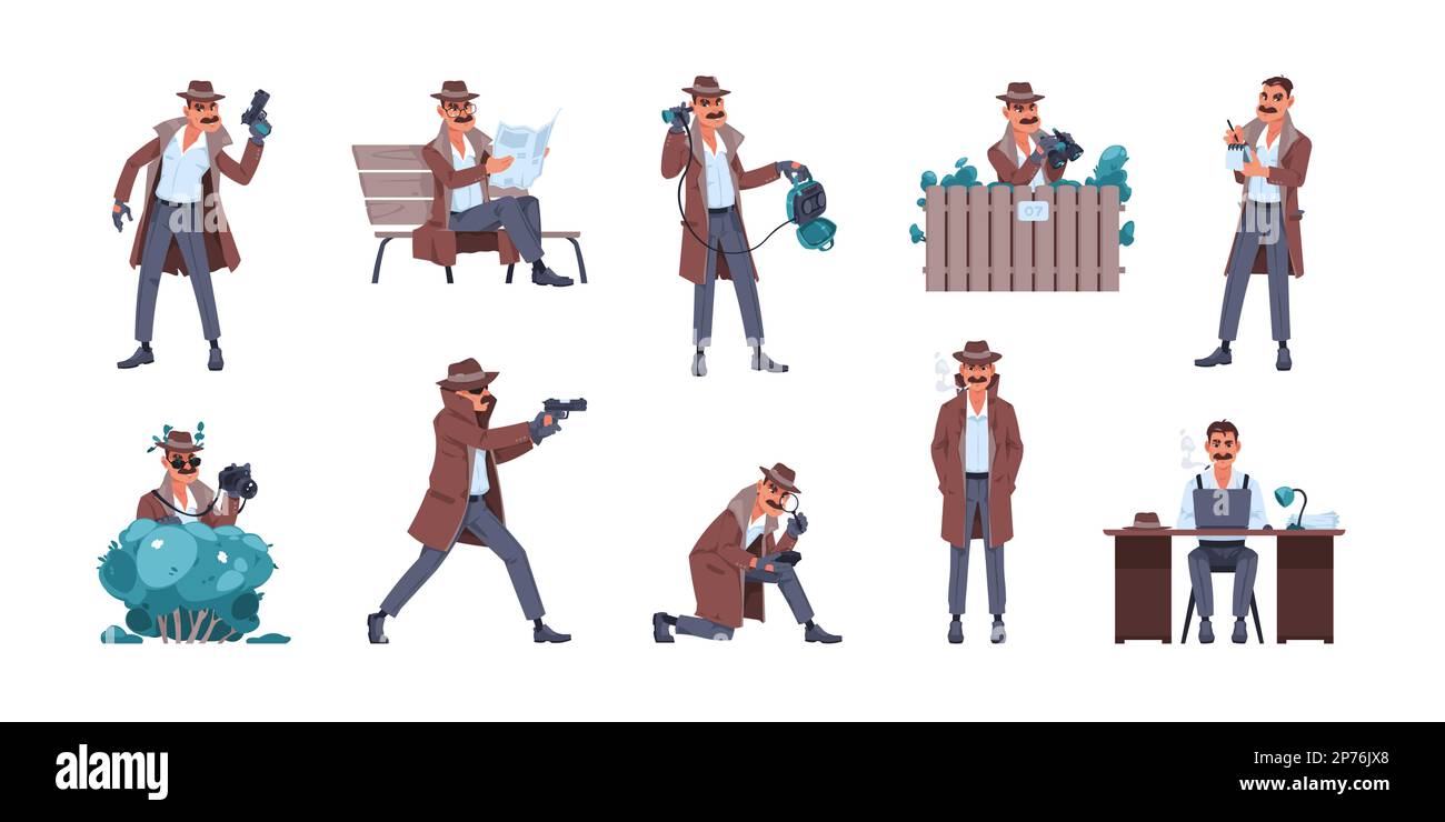 Cartoon Detective Character Flat Investigator Looking For Evidence Secret Agent Spying And