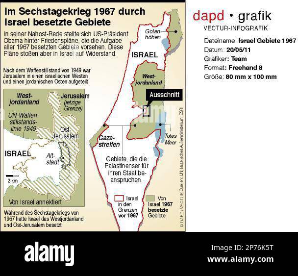 GRA107 GRAFIK ISRAEL GEBIETE 1967 - Karte des Landes mit den im Sechstagekrieg von 1967 durch ...