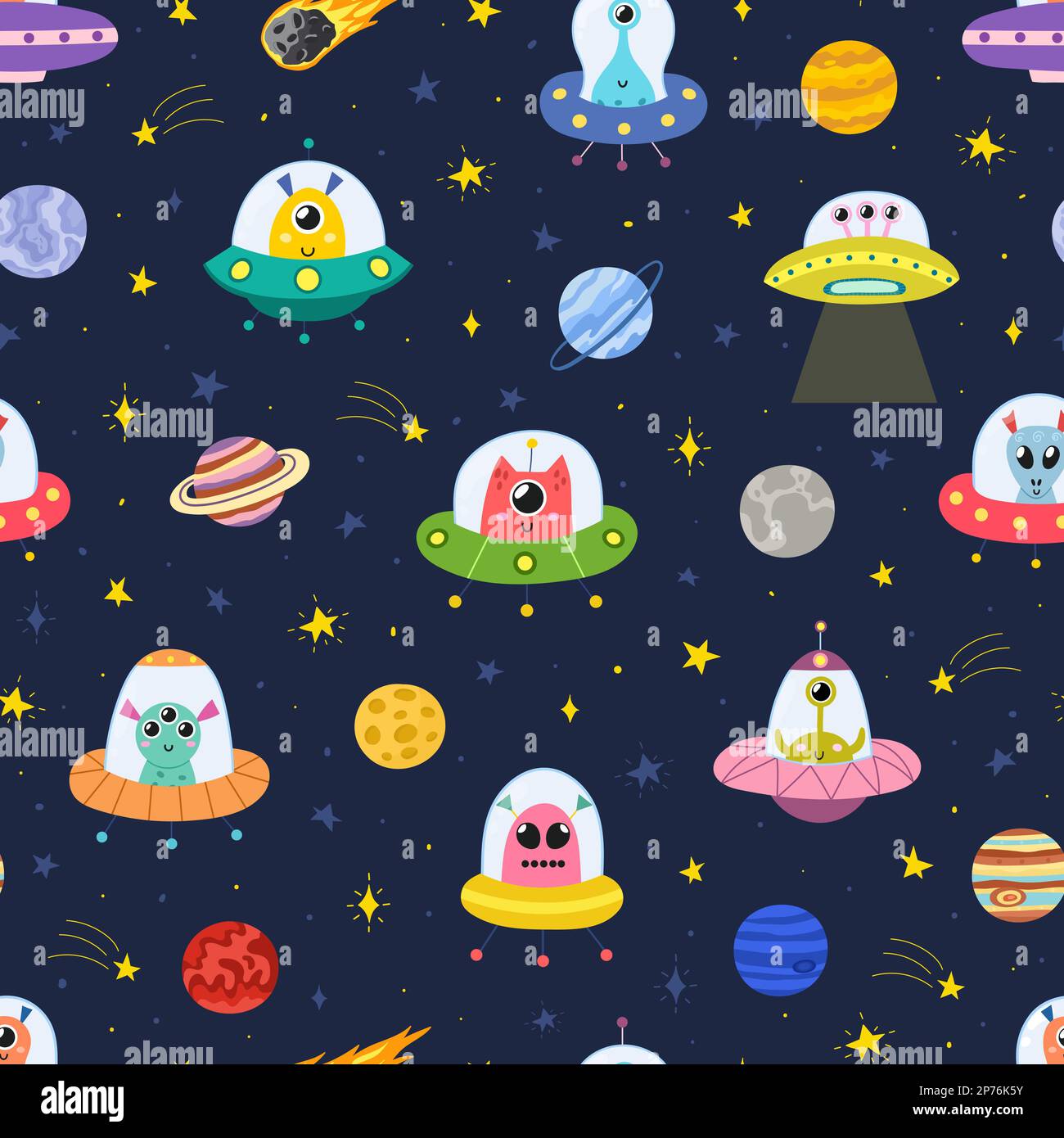 Cute aliens in space seamless pattern. Flying saucers funny childish ...