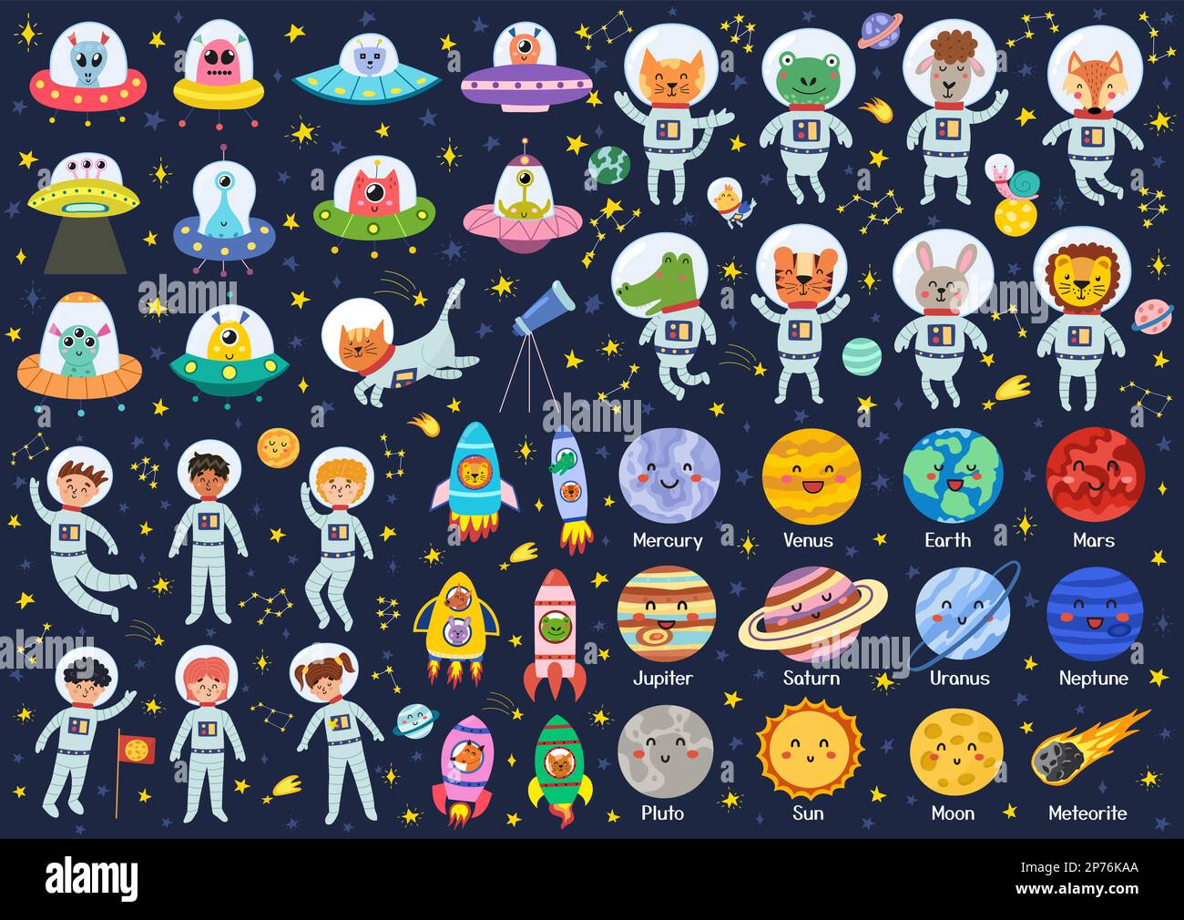 Big space collection with cute characters. Space bundle in cartoon ...