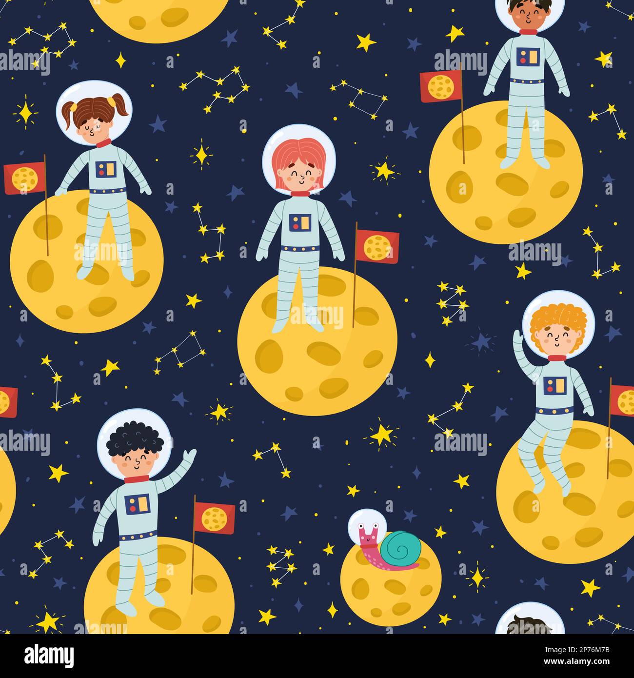 Cute kids astronauts on the Moon seamless pattern. Space background ...