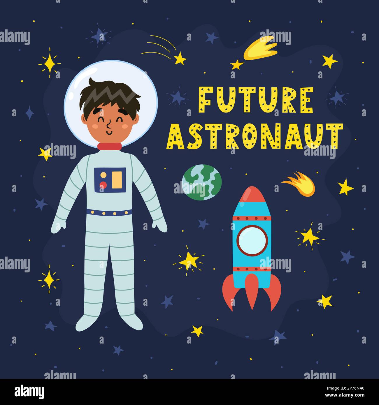 Future Astronaut print with cute boy astronaut. Funny card in cartoon ...