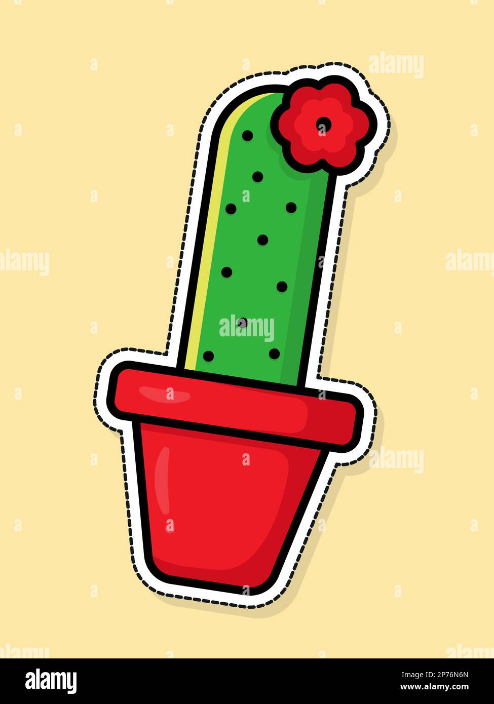 Cartoon flat cactus. Green cactus in a red flower pot. Vector sticker ...