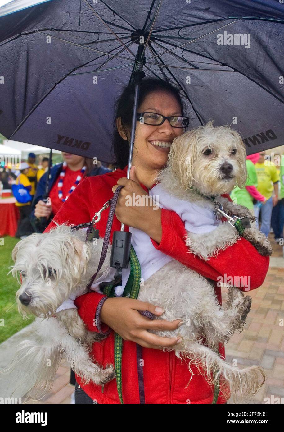 Sandy Figueroa of Santa Ana, Calif., has her hands full as she tries to ...