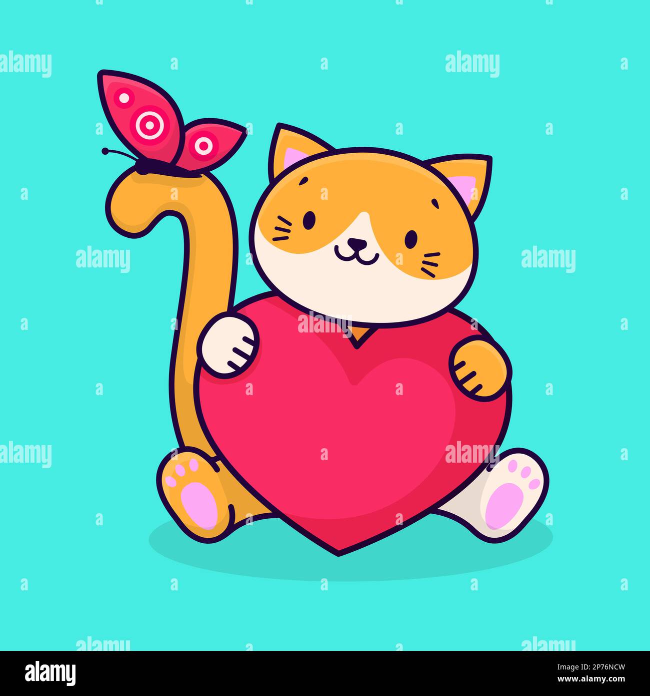 A Cute Cartoon Ginger Cat Holds A Pink Heart In Its Paws Cat And Butterfly Vector Illustration