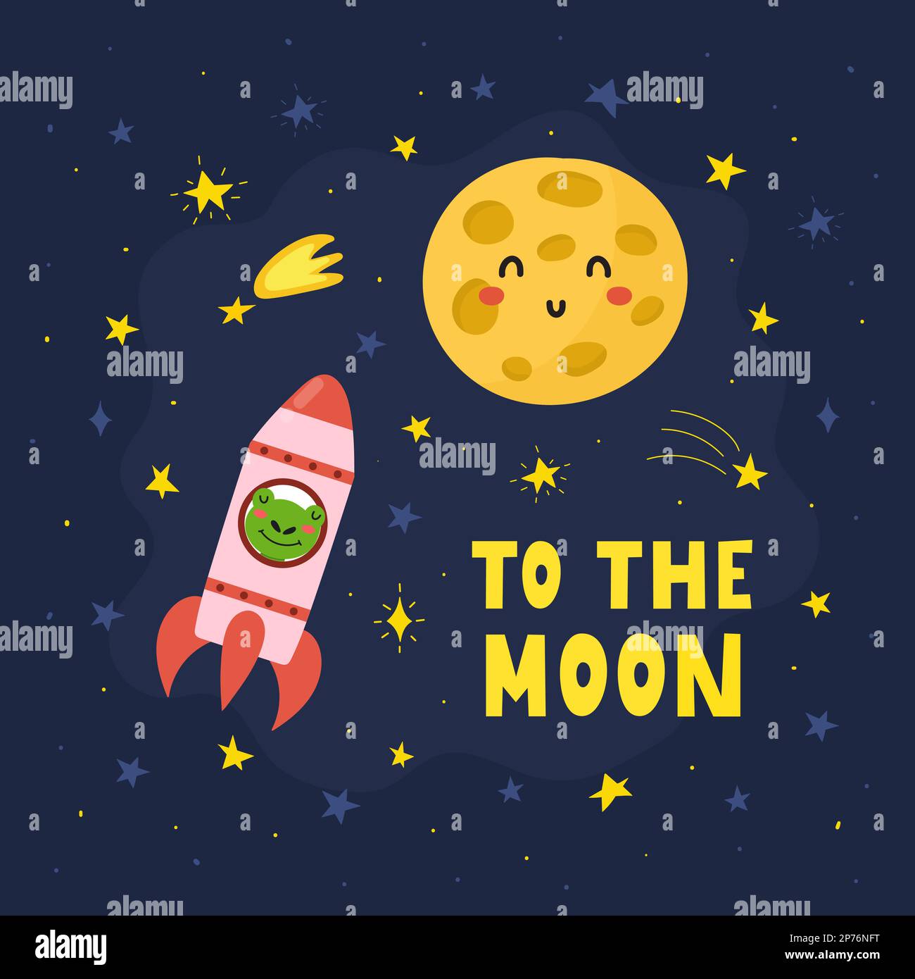 To the Moon print with cute frog flying in a rocket. Funny card in ...
