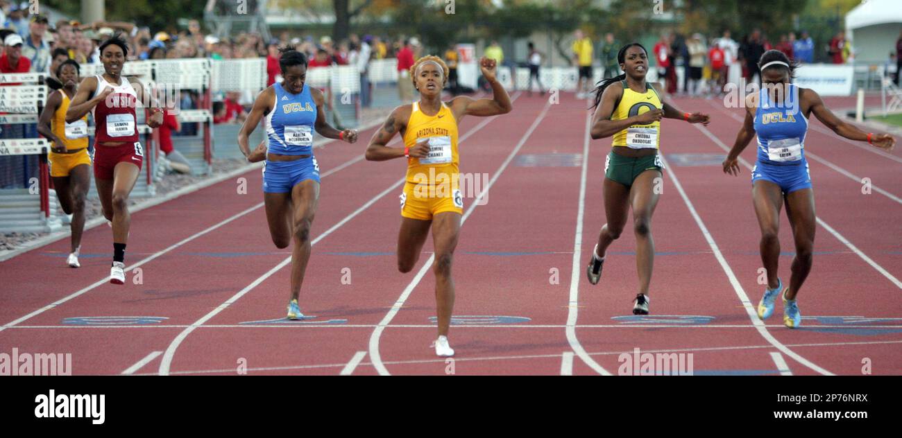 Arizona State's Jasmine Chaney, center, wins the women 400 meter dash ...