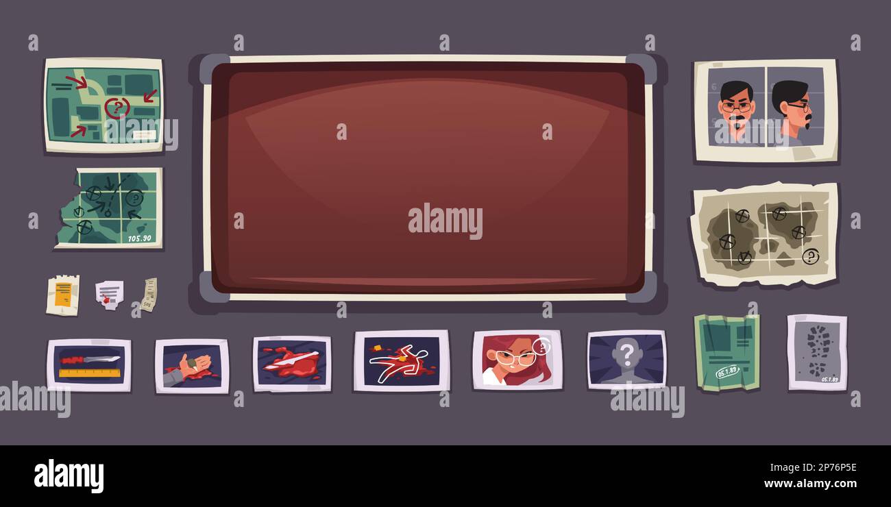 Investigation board set. Police workplace with evidence, detective ...