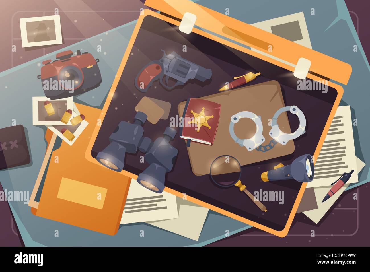 Detective desk. Police investigator workplace with equipment and crime ...