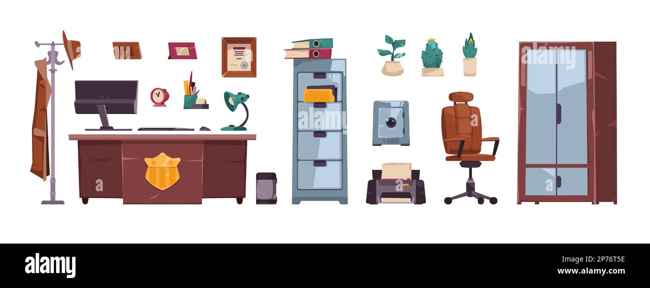 Detective office set. Police department interior elements, investigator ...