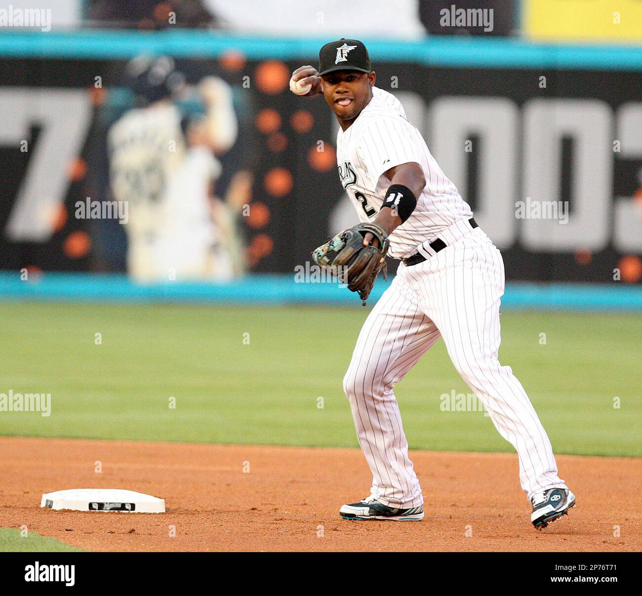 Hanley Ramirez throws to first to complete a double play against the ...