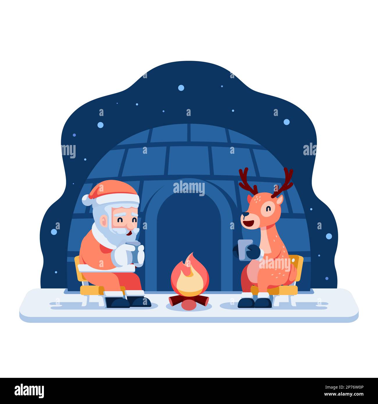 Santa and Reindeer Drinking Tea Around Campfire. Merry Christmas and ...