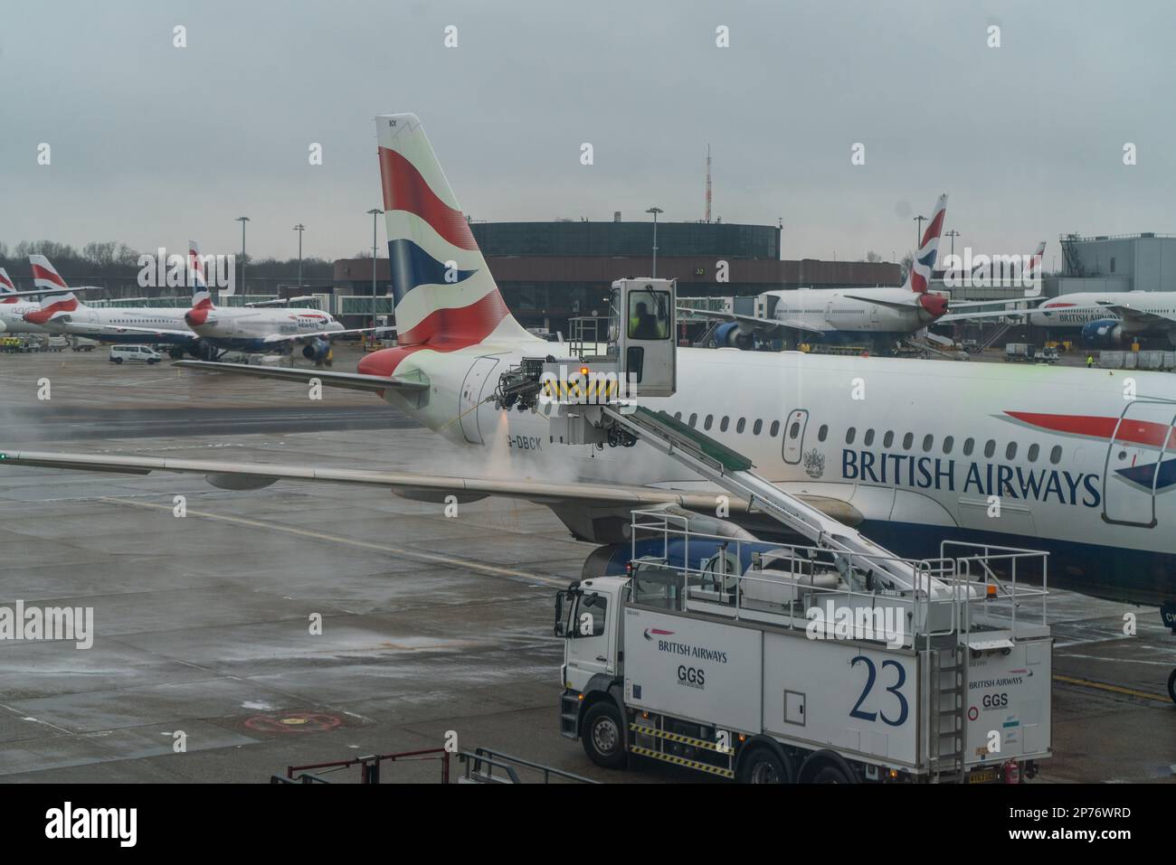 London, UK. 8 March 2023. The wings of a British Airways aircraft is ...