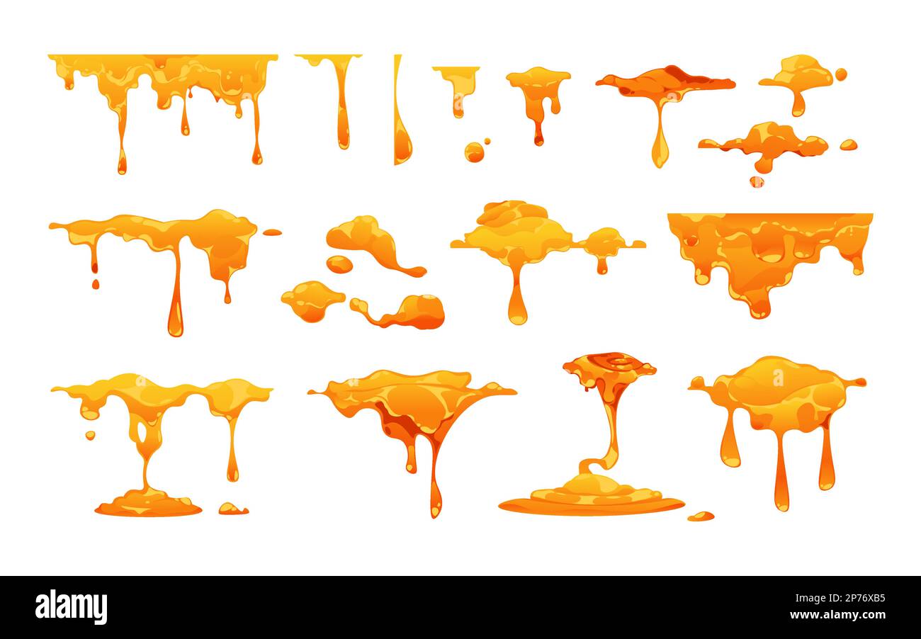 Dripping honey. Yellow sweet liquid nectar essence flow, syrup drops ...