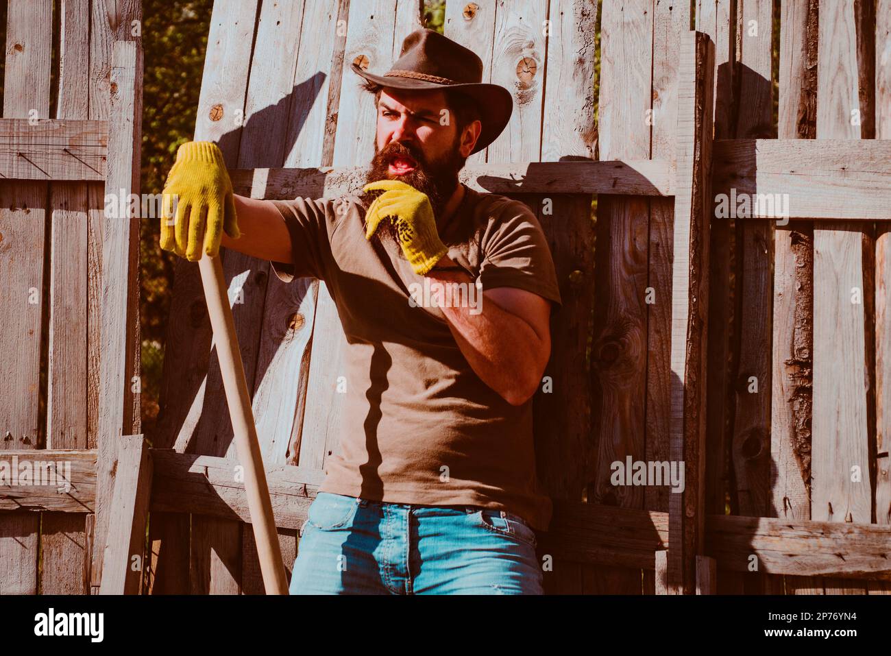 Cowboy portrait. Farmer planting in the vegetable garden. Agricultural ...