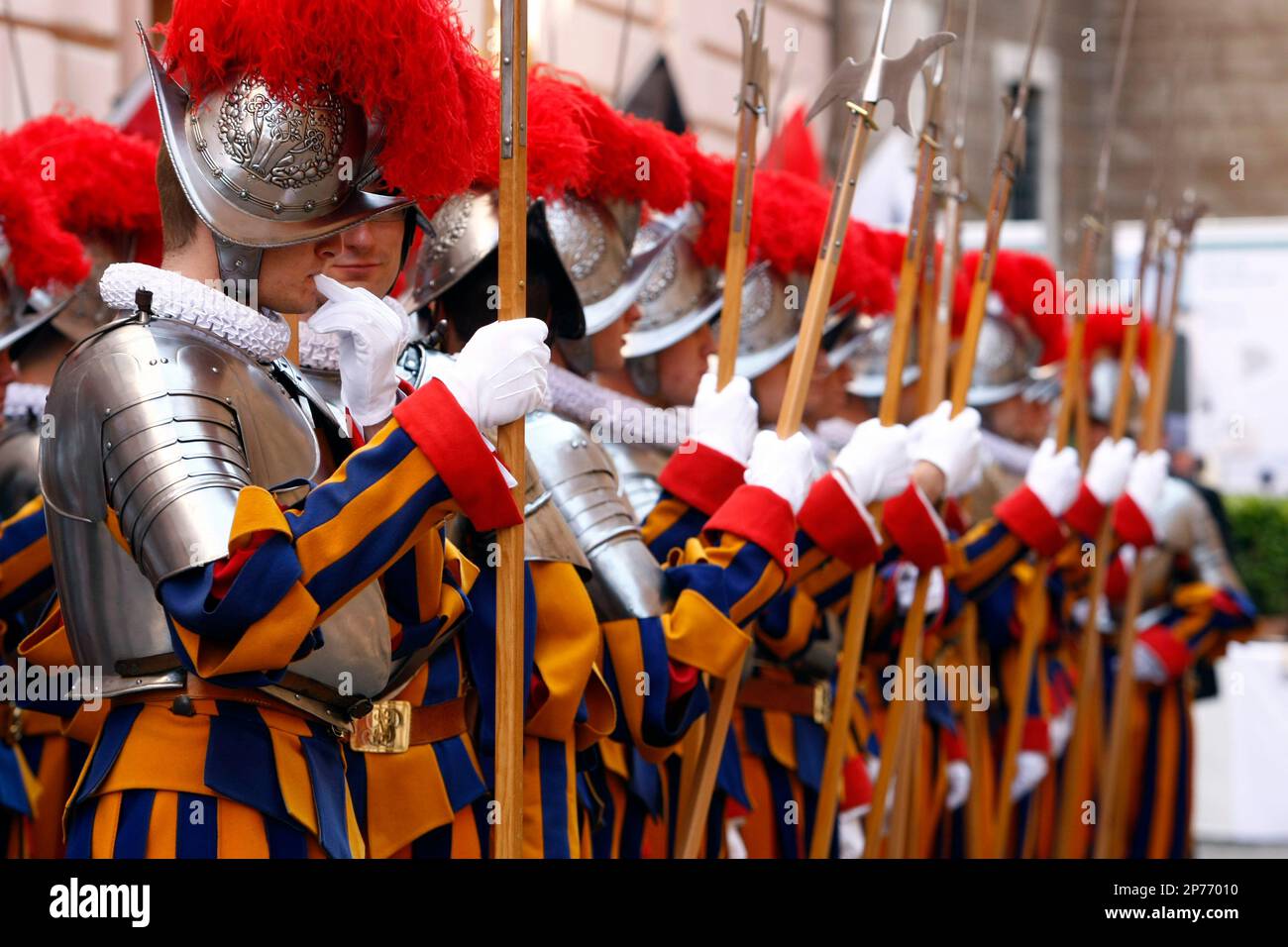 Vatican's Swiss Guards line up as they get ready prior to the swearing ...